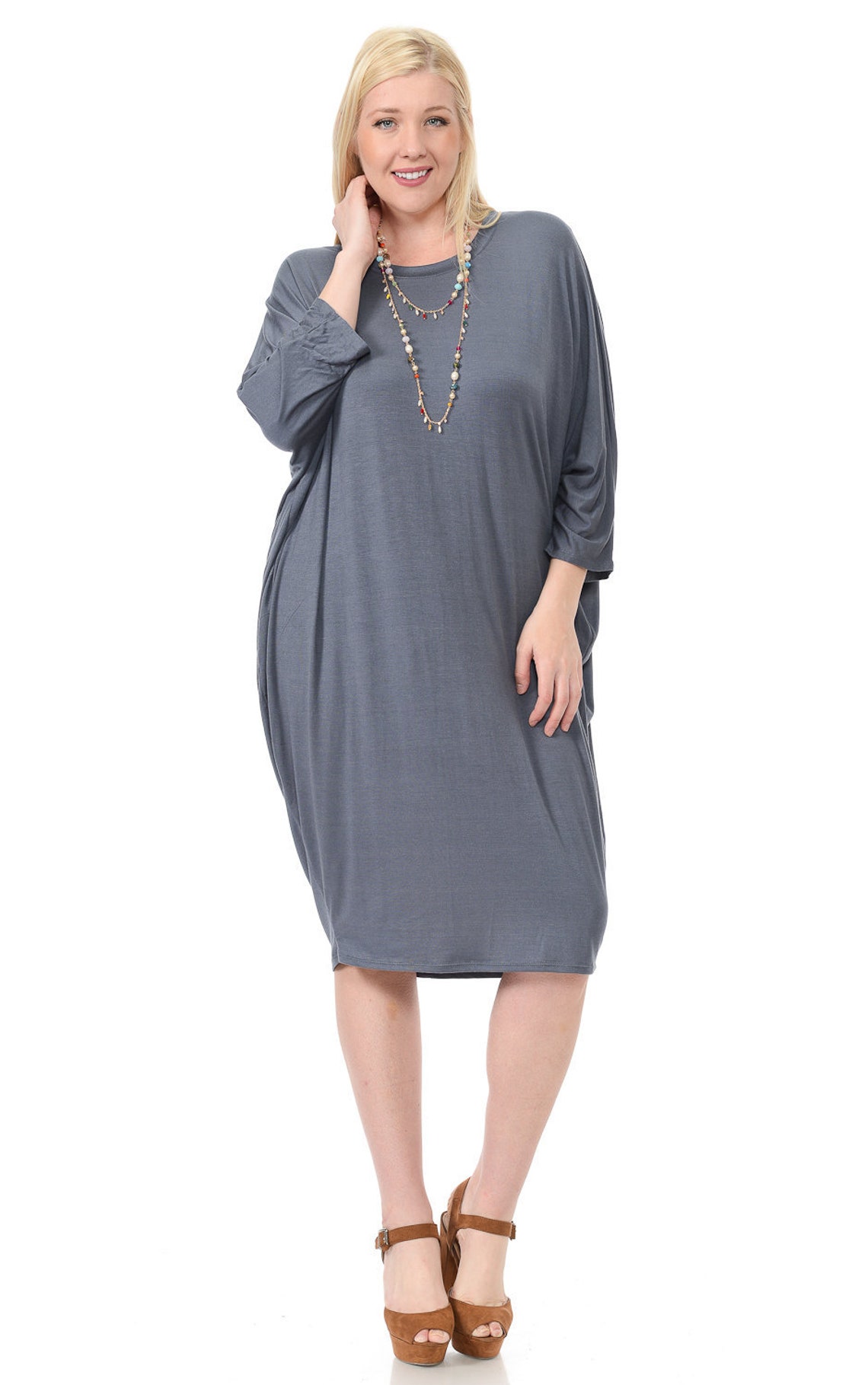 Plus Size Side Draped Dolman Sleeves Dress Cement | Etsy