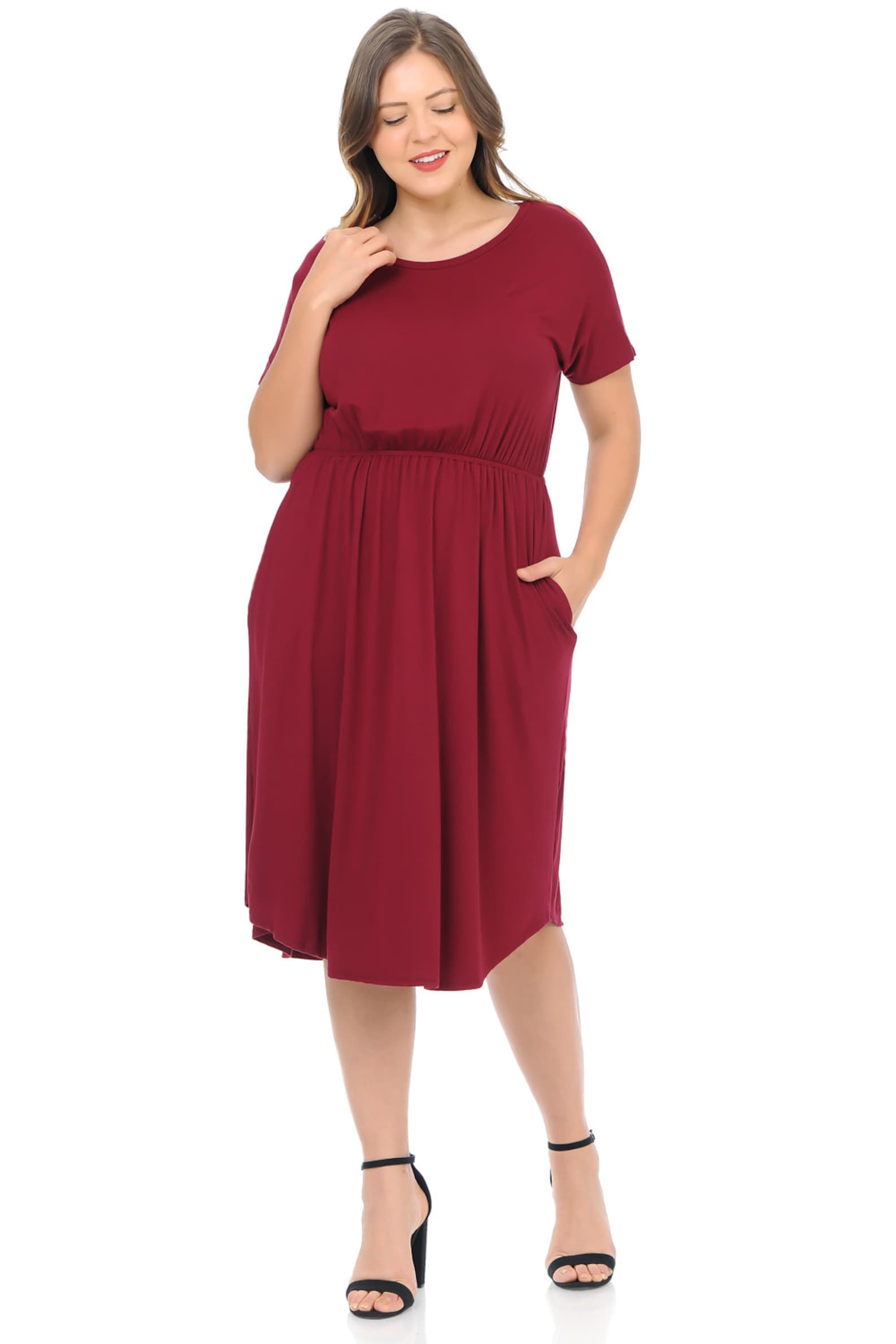 Plus Size Midi Dress with Pockets and Elastic Waist Burgundy | Etsy