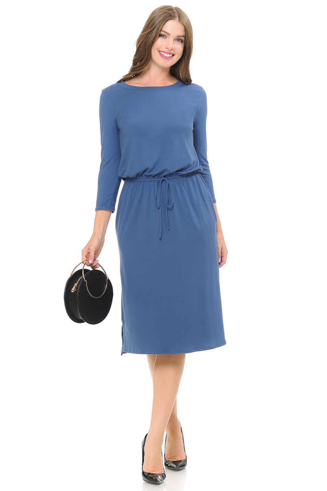 Relaxed Midi Dress With Elastic Waist Solid Denim - Etsy