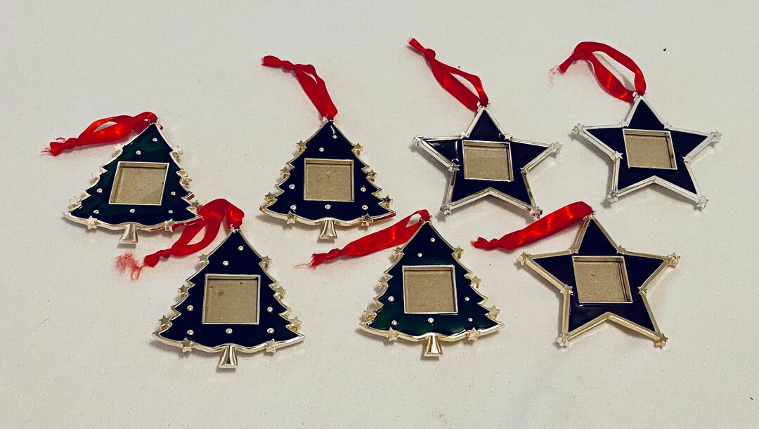 Metal Christmas Photo Frame Ornaments. Green Silver Christmas Trees 4 ...
