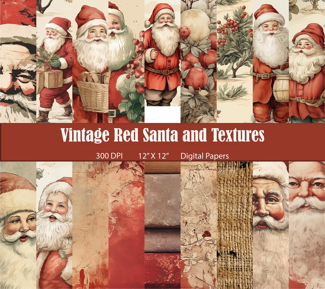 Vintage Red Santa and Textures Digital Paper and Seamless Patterns Pack ...