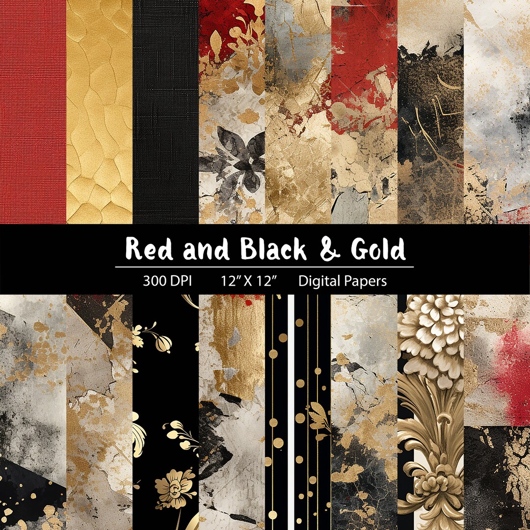 Red, Black & Gold Digital Paper Pack: 18 Seamless Patterns - Elegant ...