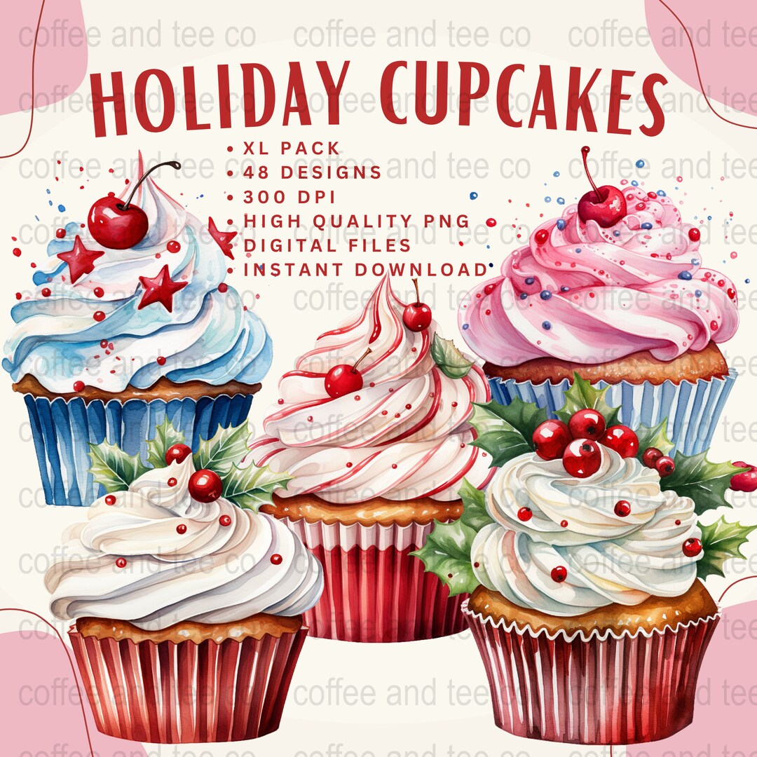 48 Watercolor Holiday Cupcake Clipart Images Festive, Frosted Designs ...