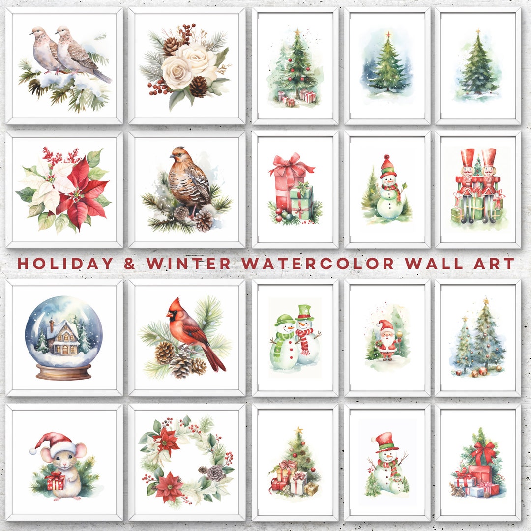 Winter & Holiday Watercolor Printable Wall Art, Vintage Watercolor ...