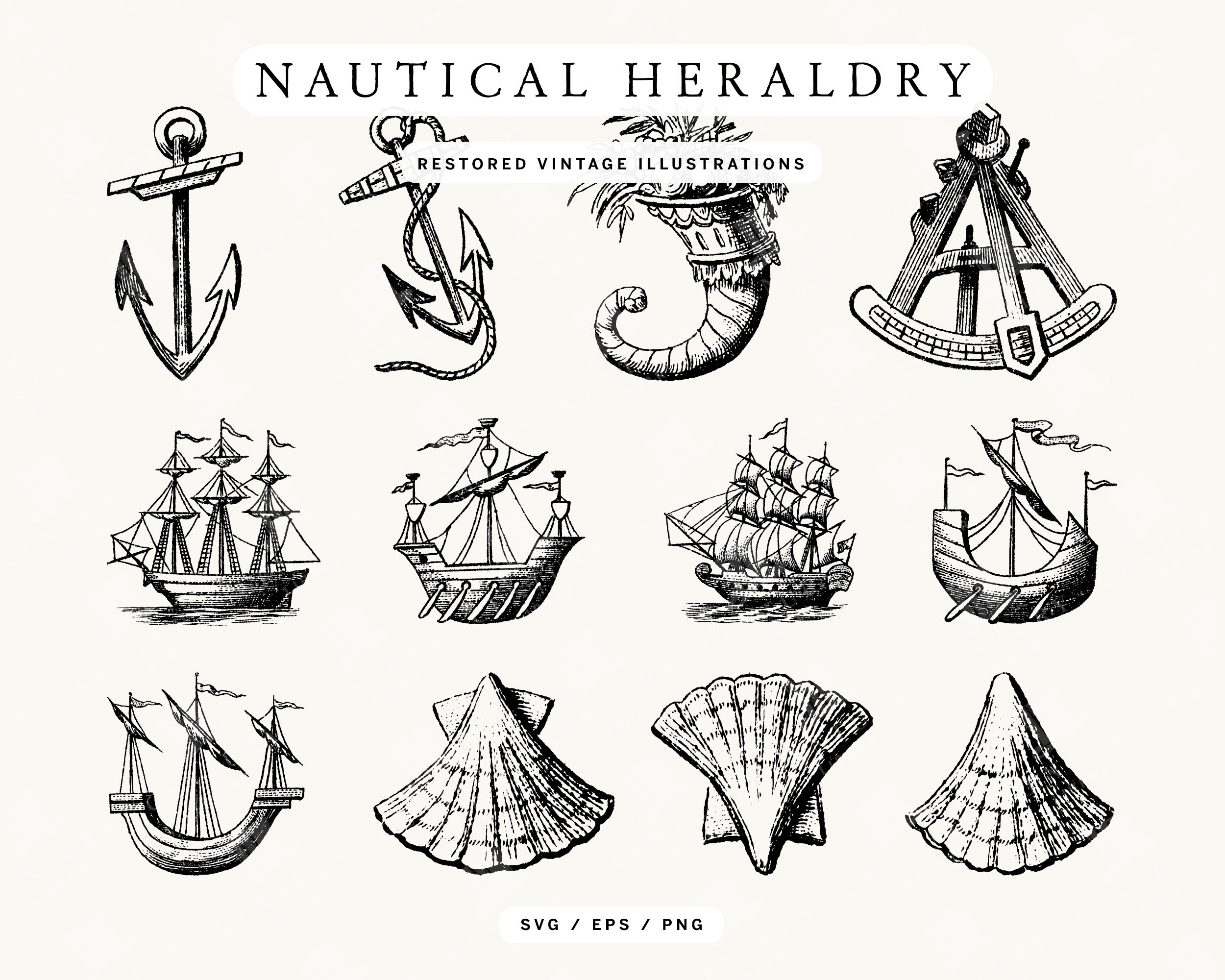 Heraldic Nautical Icon Illustrations - Downloadable Anchor, Ship, and ...
