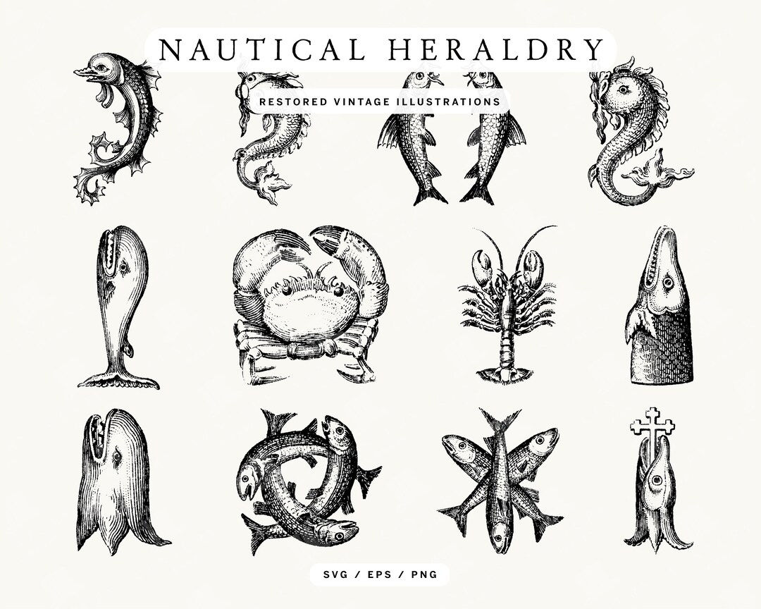 Heraldic Nautical Clip Art Illustrations - Downloadable Fish, Crab ...