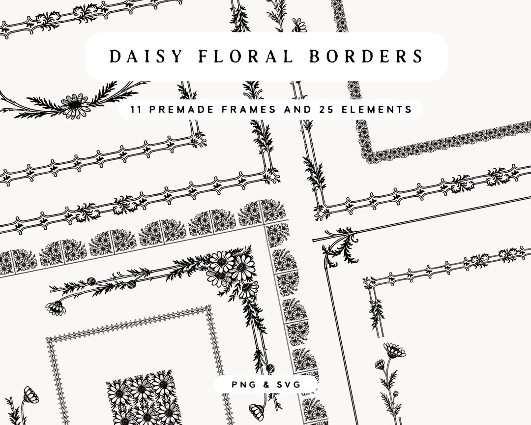 Vintage Daisy Floral Border Illustration Pack: SVG & PNG (digital ...