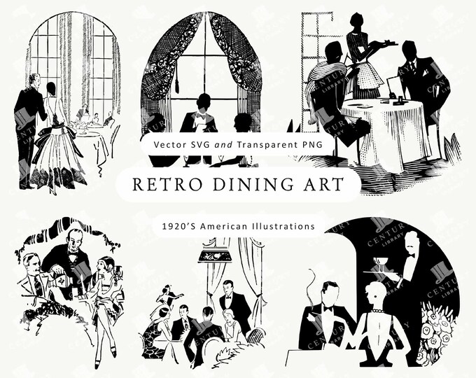 1920s Restaurant Clipart: Art Deco Dining Scenes (PNG, SVG Digital ...
