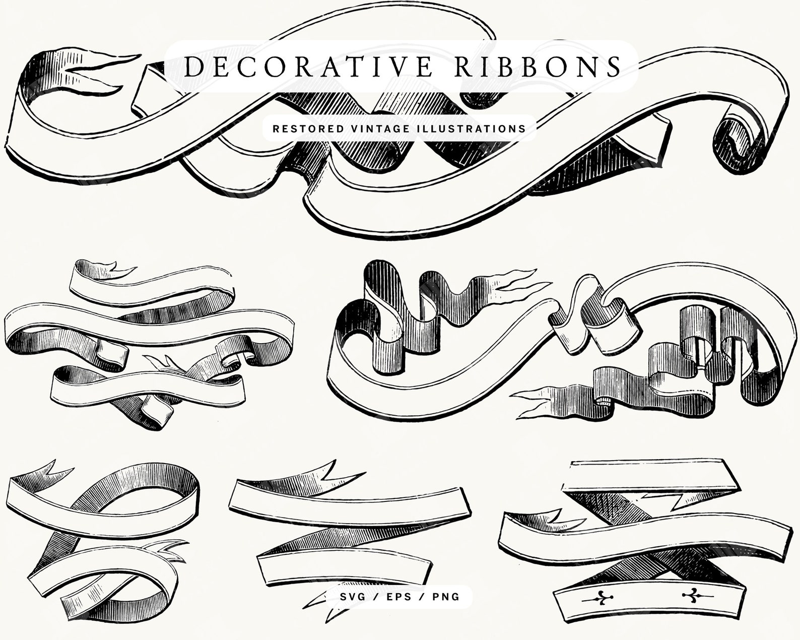 Vintage Ribbon and Banner Line Art Illustrations Decorative and ...