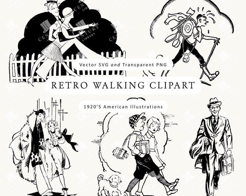 Vintage 1920s Walking Clipart: Cartoon People PNG SVG (digital Download ...