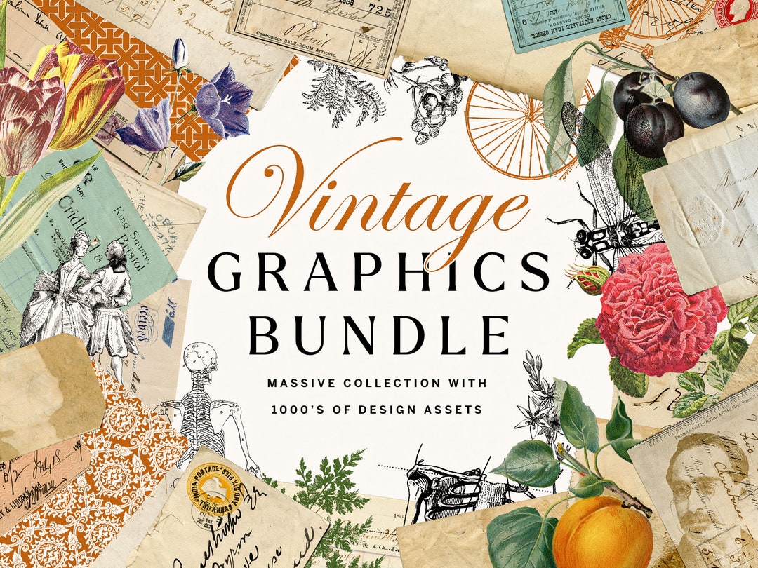 MASSIVE Vintage Graphics Bundle, PNG & SVG Art Pack, Paper Backgrounds ...