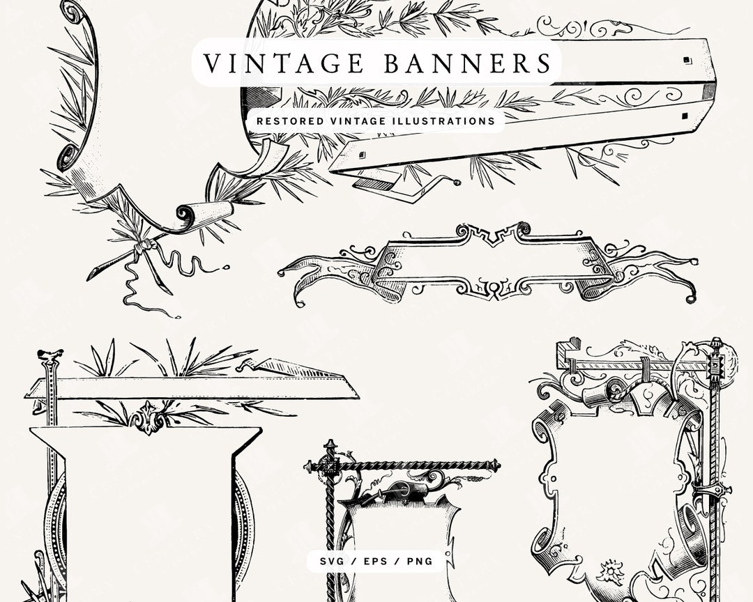 Vintage Borders and Banners: Line Art Illustrations (digital Download ...
