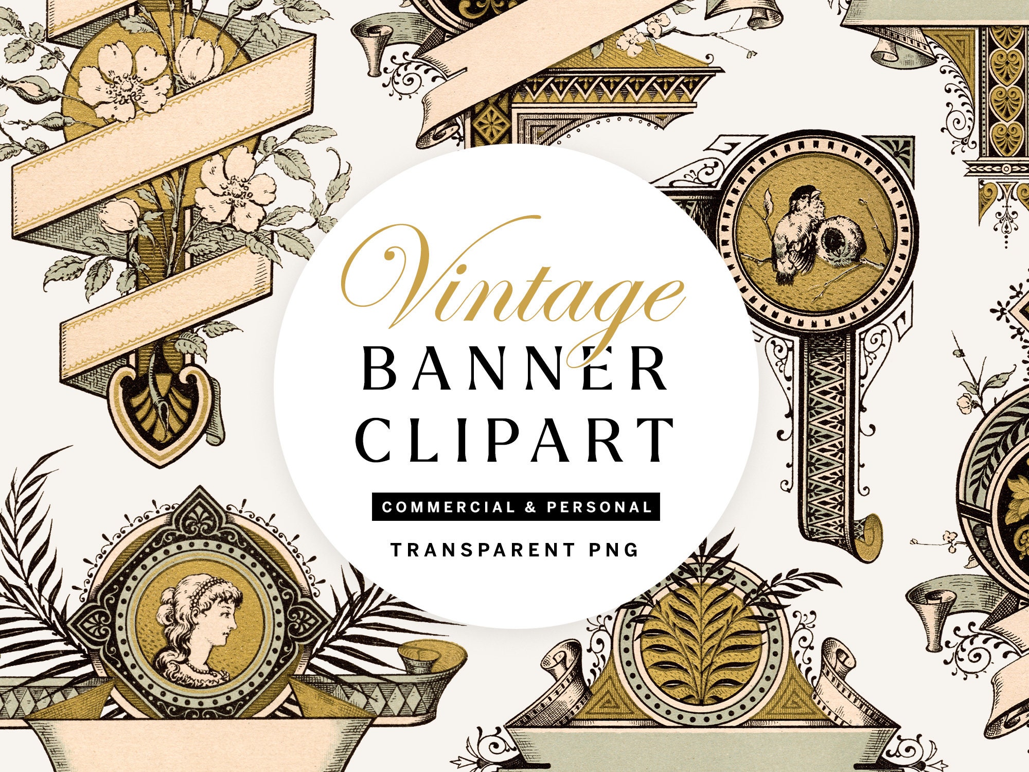 Vintage Ribbon Banner Clip Art Hand Drawn Vintage Ribbon Banners