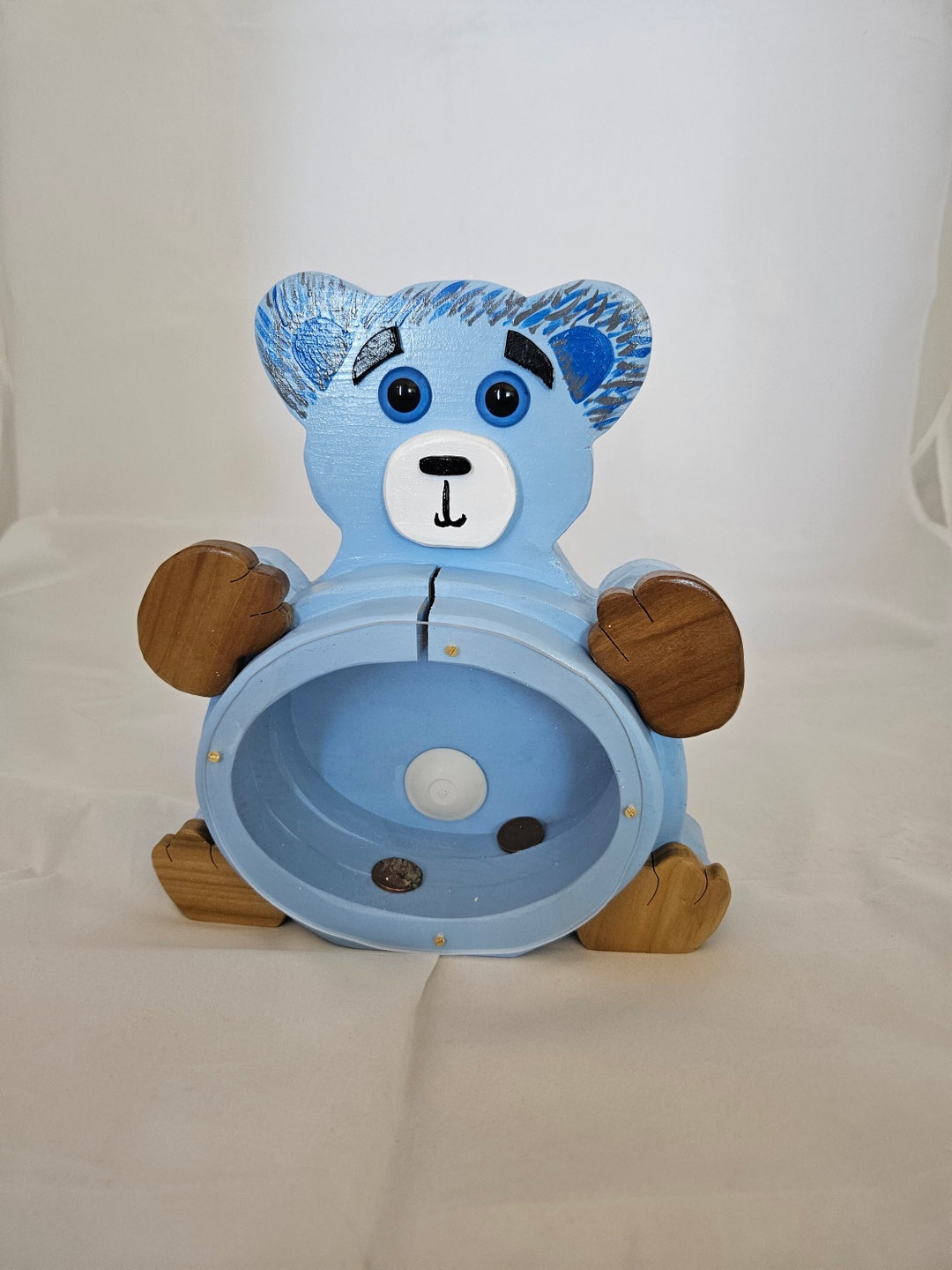 Teddy Bear Bank in Light Blue and Brown, Made From Solid Wood - Etsy