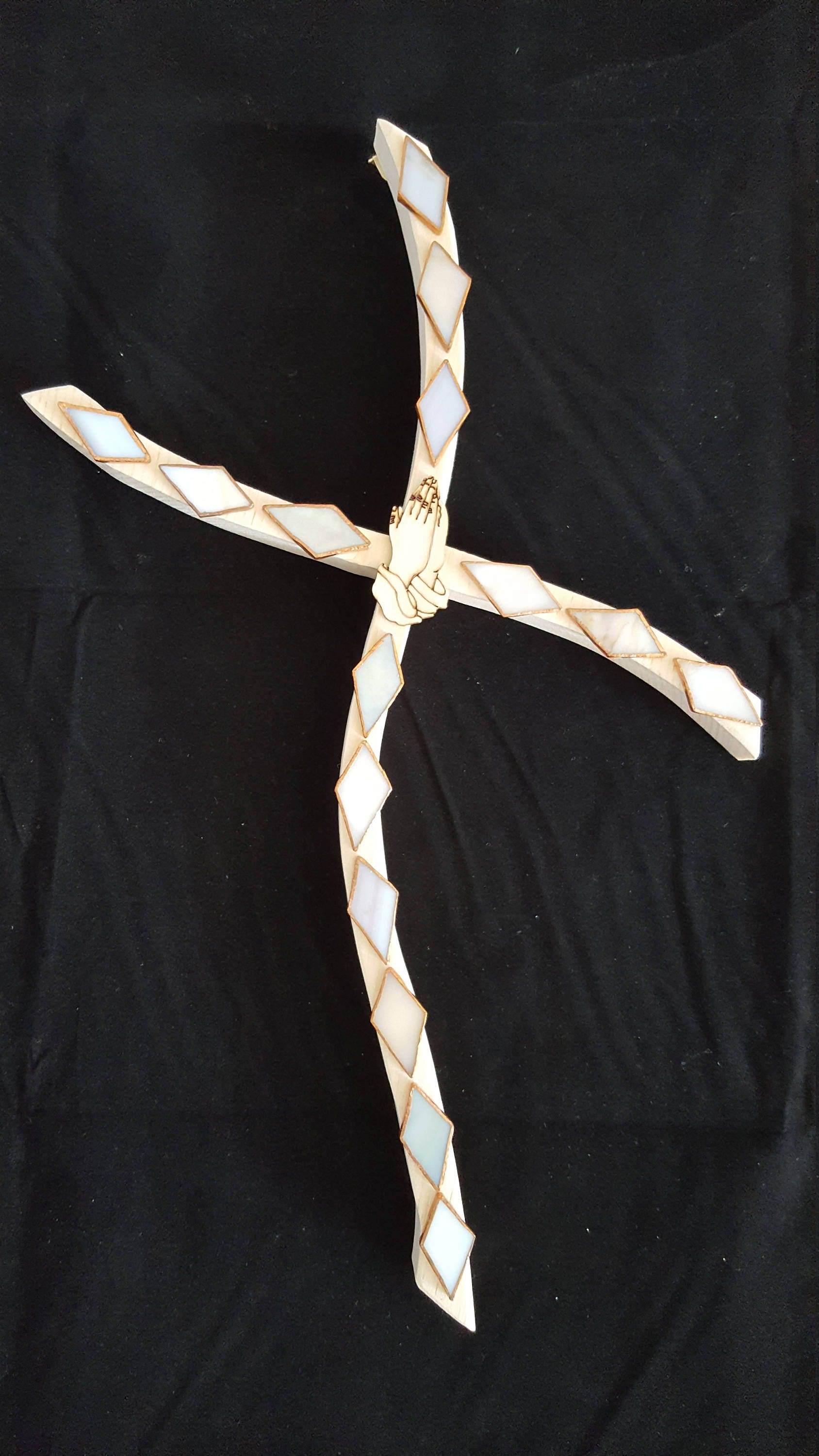 Whimsical Cross Made With Wood and Glass Foiled Diamond Shaped Pieces ...