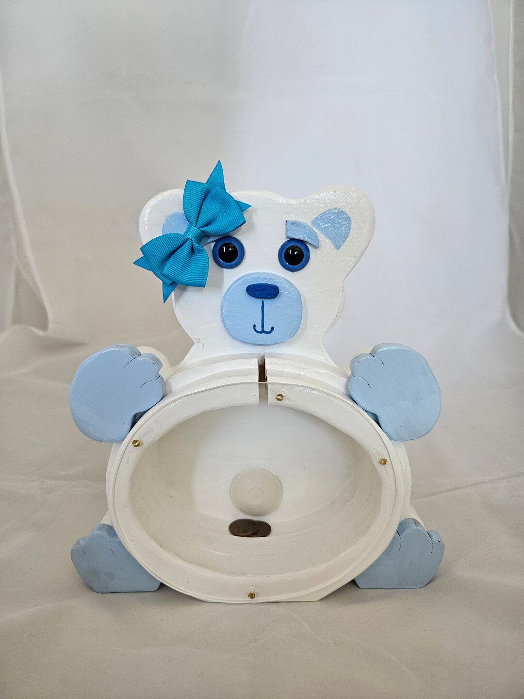 Teddy Bar Kids Bank in White and Light Blue, With Bow or Without From ...