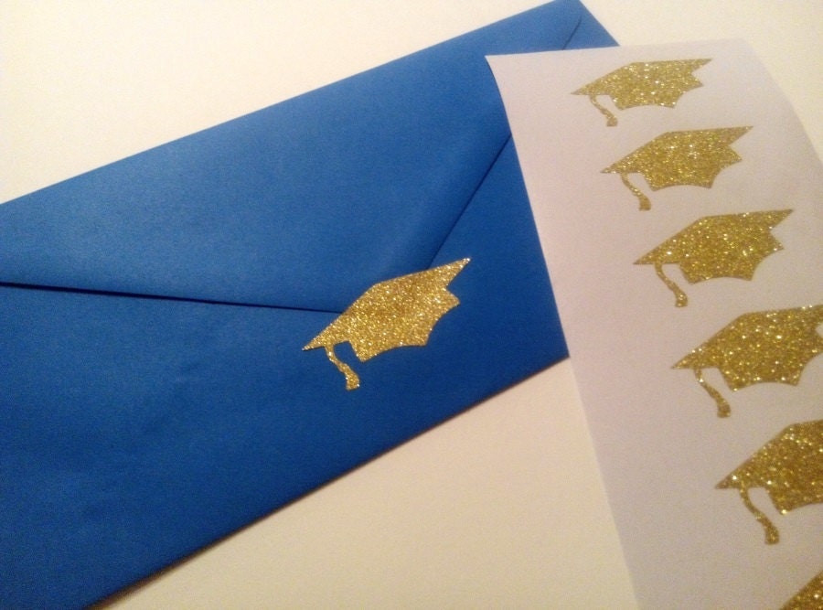 20 Graduation Envelope Seals, Gold Glitter Cap Stickers, Glitter ...