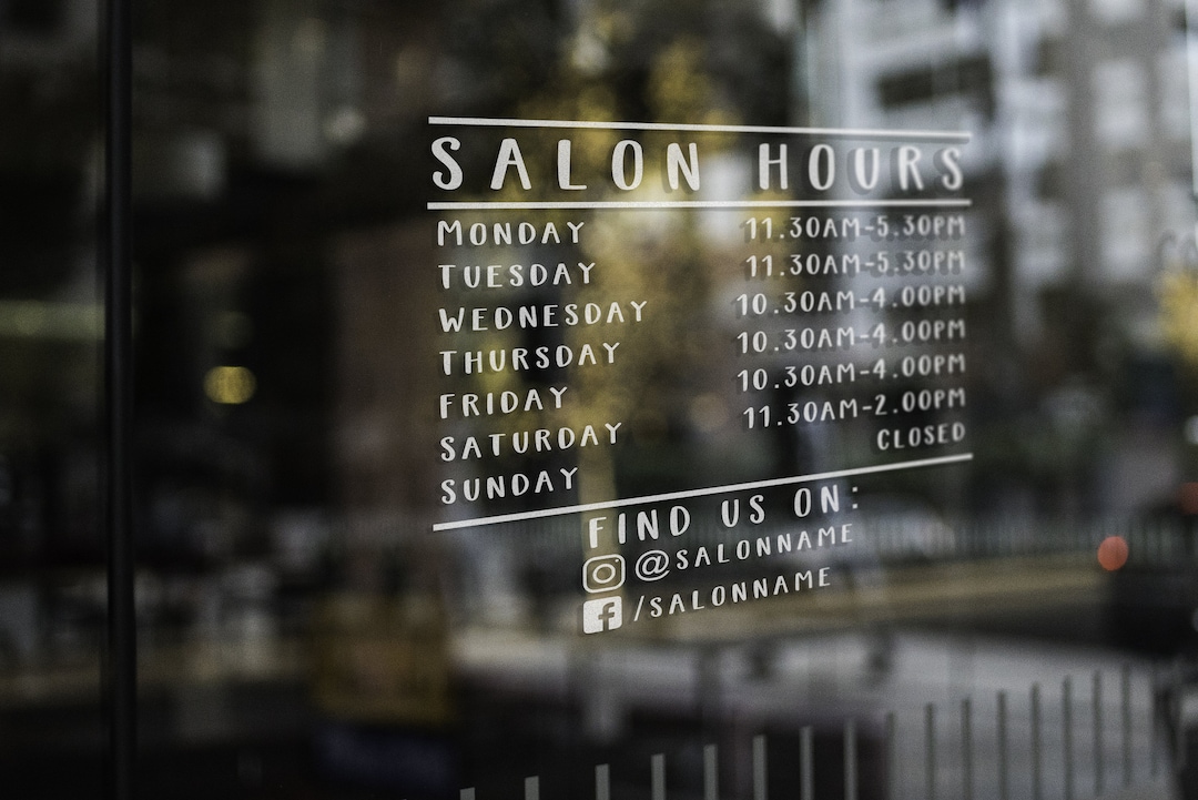 Salon Business Hours Sticker, Front Door Sign, Salon Window Decal ...