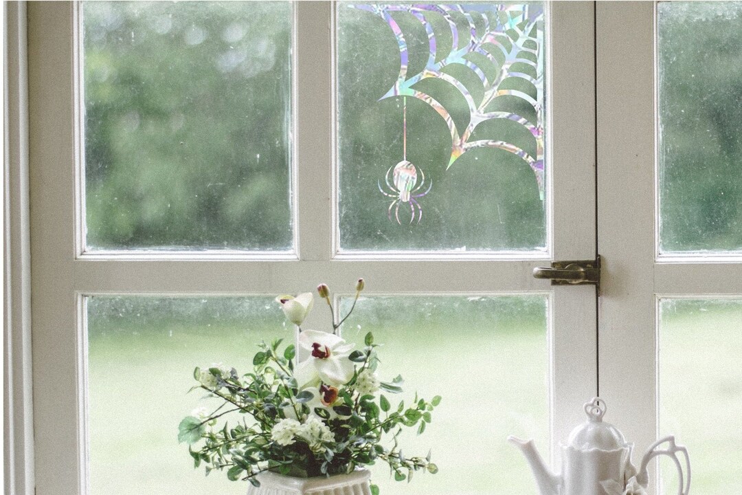 Spider With Web Halloween Window Corner Suncatcher, Spider Window Decal ...
