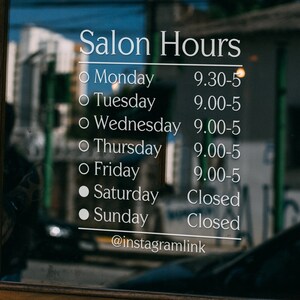 Salon Business Hours Decal, Storefront Sticker Sign, Custom Open Hours ...