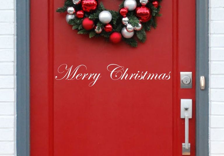 Merry Christmas Fron Door Decal, Holiday Vinyl Sticker, Festive Wall ...