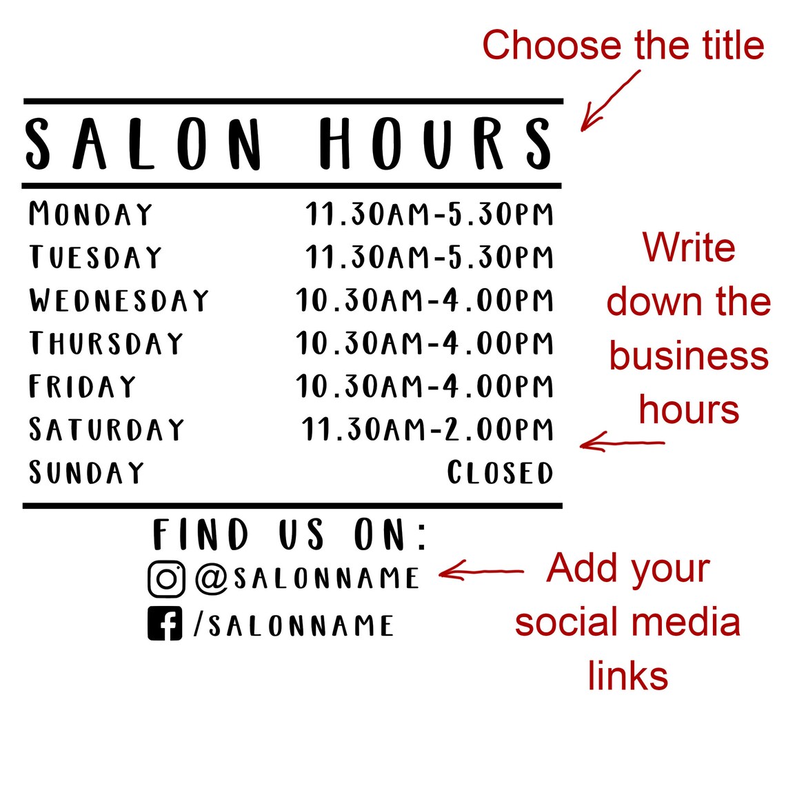 Salon Business Hours Sticker, Front Door Sign, Salon Window Decal ...