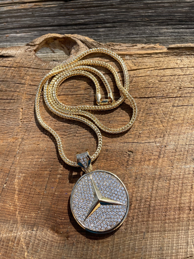 14K Gp Mercedes Benz Gold Bling Pendant - Etsy