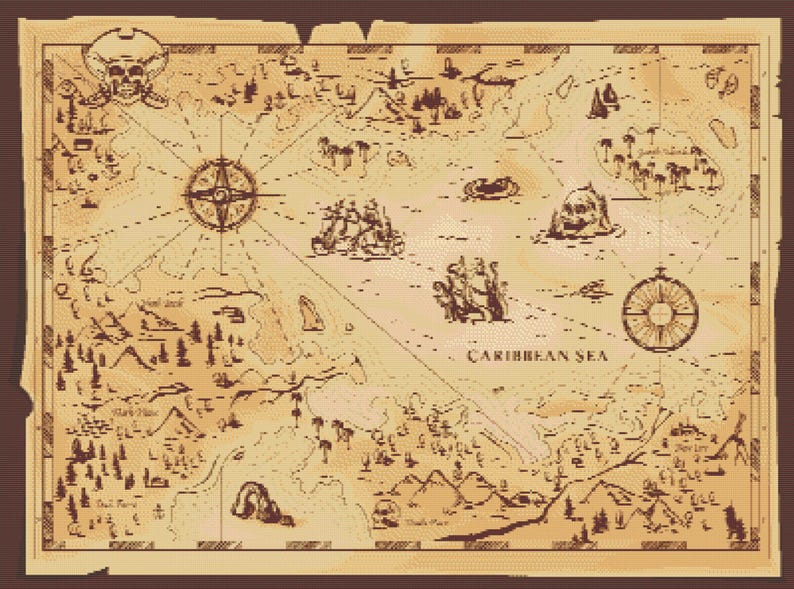 Pirate Buried Treasure Map Cross Stitch Pattern, Buccaneer Cartographer ...