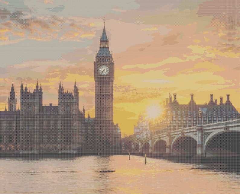 Big Ben Clock Tower Sunset Counted Cross Stitch Pattern - London England Cross-stitch Pattern ...