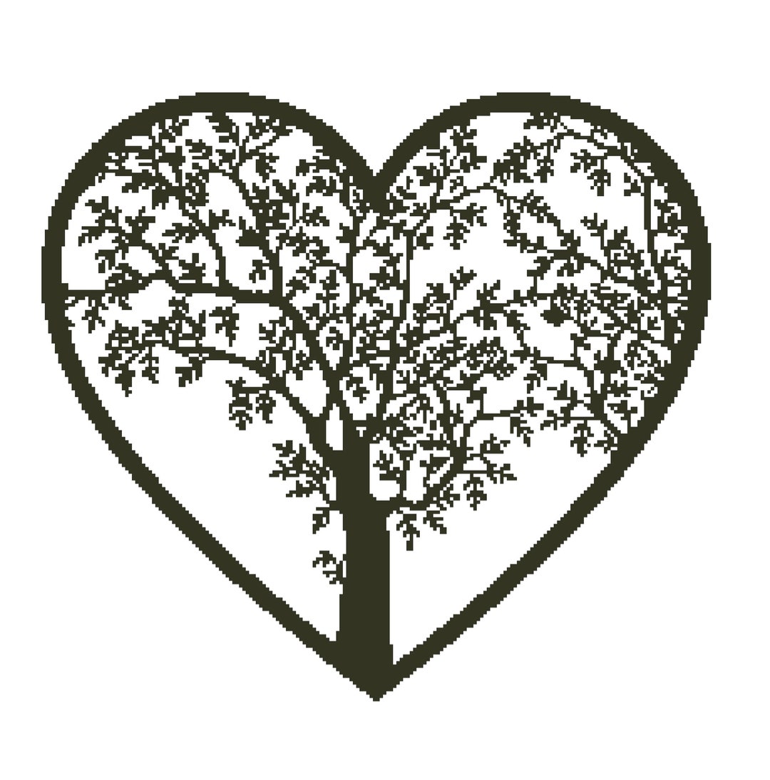 Tree of Love Cross Stitch Pattern, Black and White Linework Heart ...