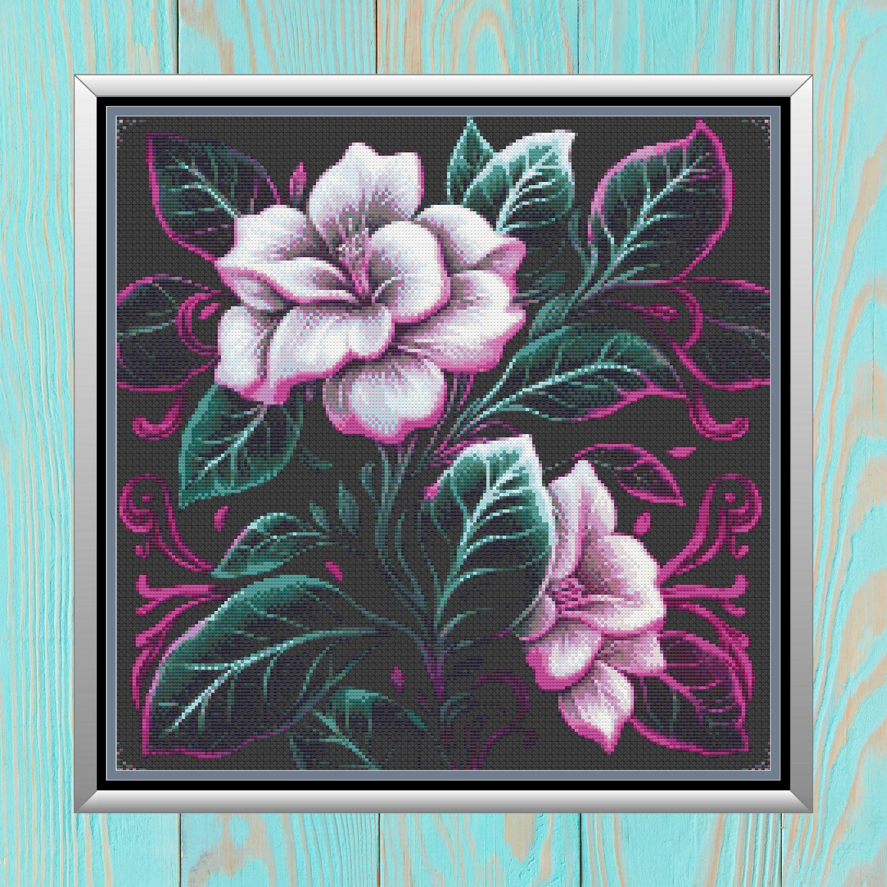 Neon Pink Gardenia Flowers Cross Stitch Pattern, Florescent Colored ...