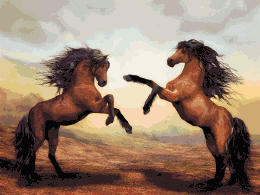 Mustang Face-off Cross Stitch Pattern - Wild Horses Counted Cross ...