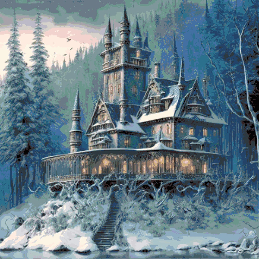 Frozen Mansion Counted Cross Stitch Pattern - Snowy Haunted Castle ...