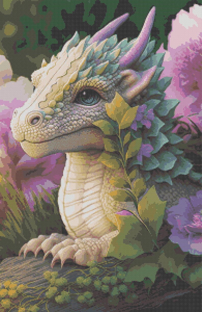 Baby Forest Dragon Counted Cross Stitch Pattern Cute Friendly Dragon