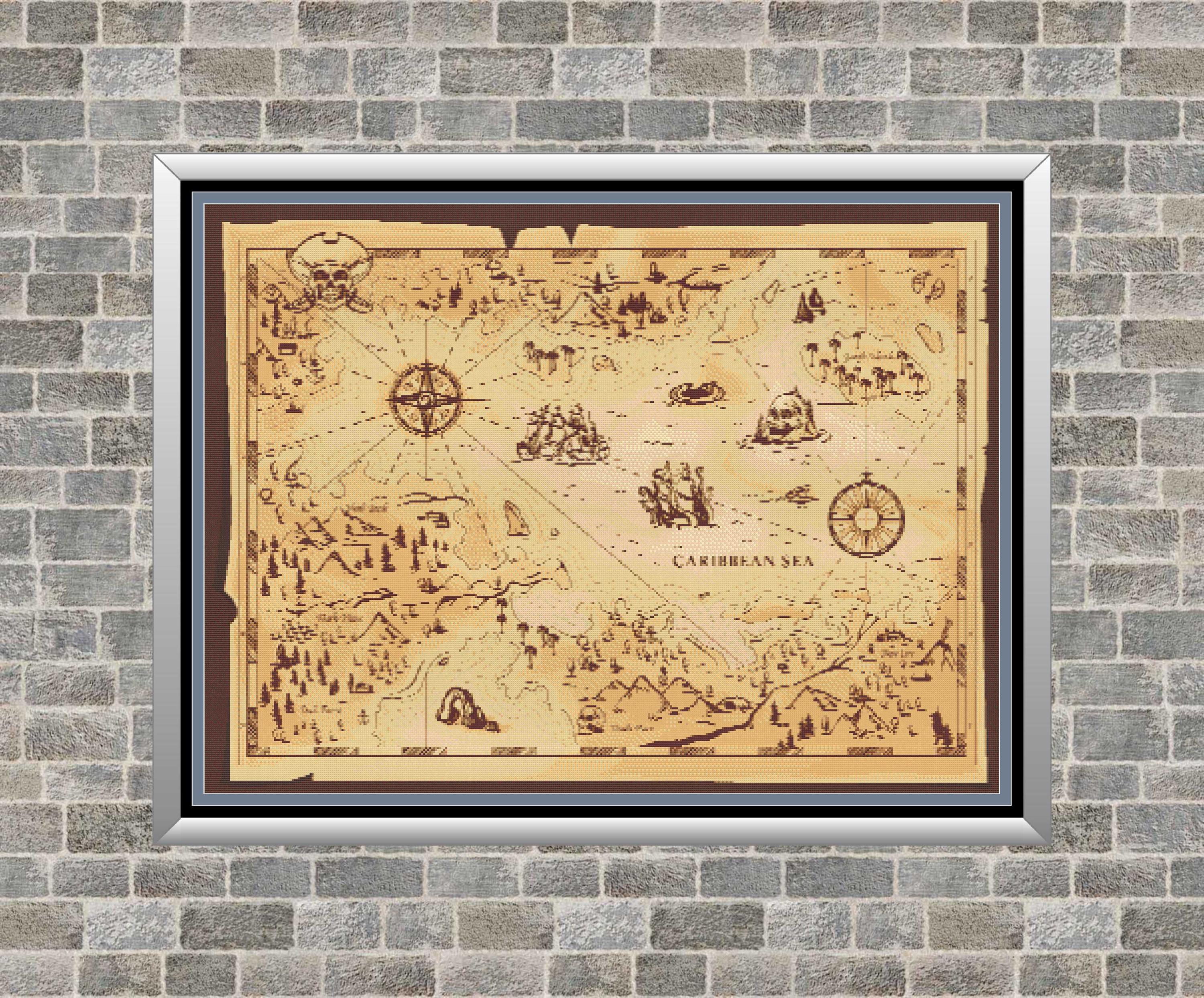 Pirate Buried Treasure Map Cross Stitch Pattern, Buccaneer Cartographer ...