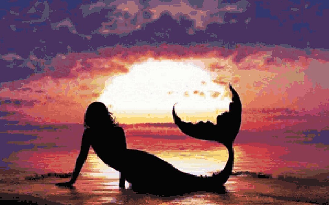Mermaid Sunset Counted Cross Stitch Pattern - Beach Pixel Art Pattern ...