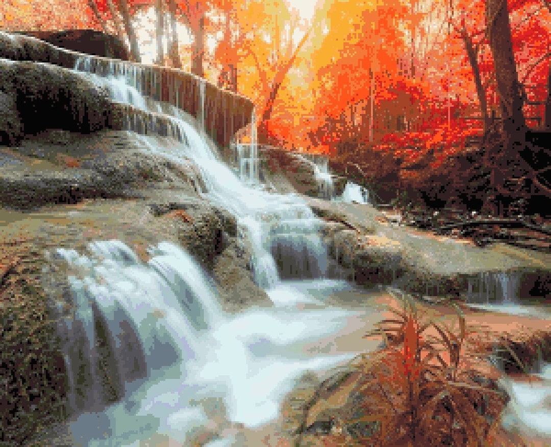 Autumn Waterfall Counted Cross Stitch Pattern - September Water Fall ...