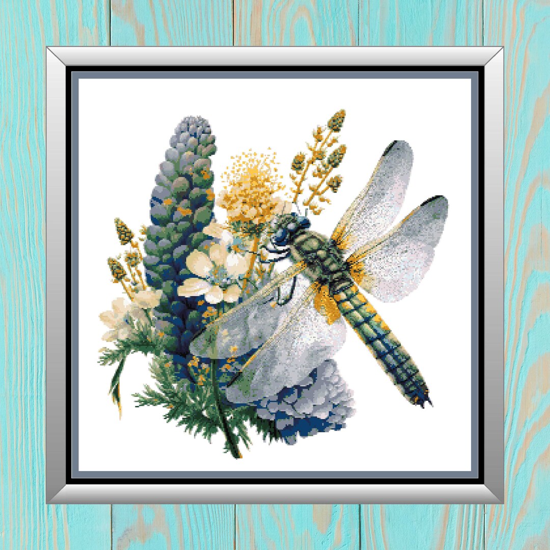 Dragonfly With Flowers Cross Stitch Pattern - Dragon Fly Counted Cross ...