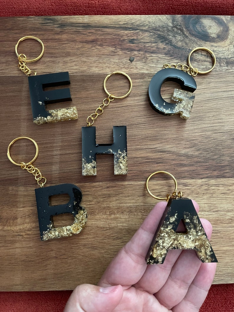 Glam Black Clear and Gold Initial Keychain Resin Initial - Etsy