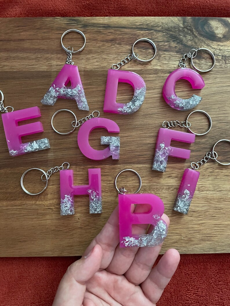 Glam Pink, Clear, and Silver Initial Keychain | Resin Initial Keychain ...