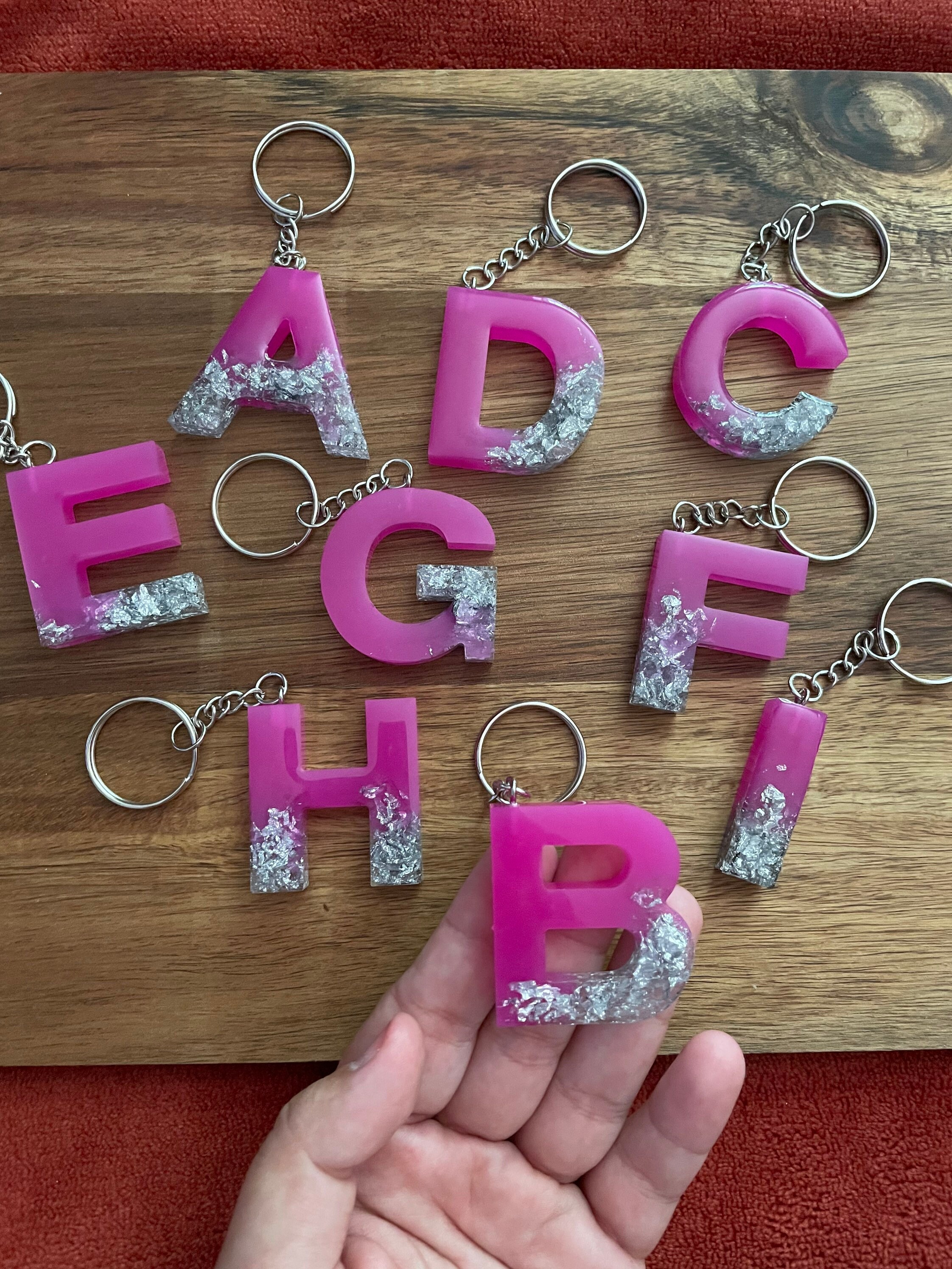 Glam Pink, Clear, and Silver Initial Keychain | Resin Initial Keychain ...