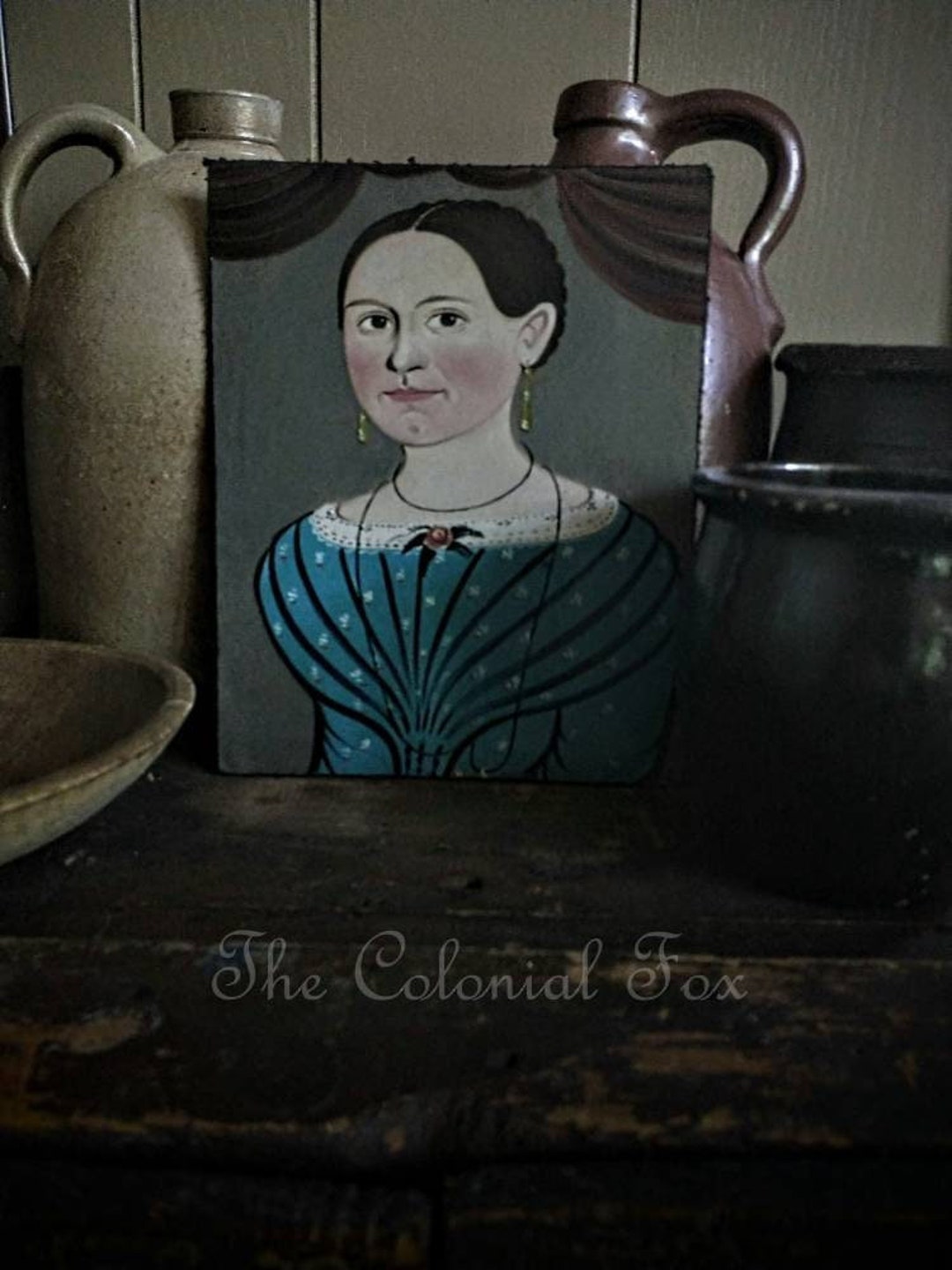 WOMAN IN BLUE Colonial Portrait Primitive Portrait Folk Art Portrait ...