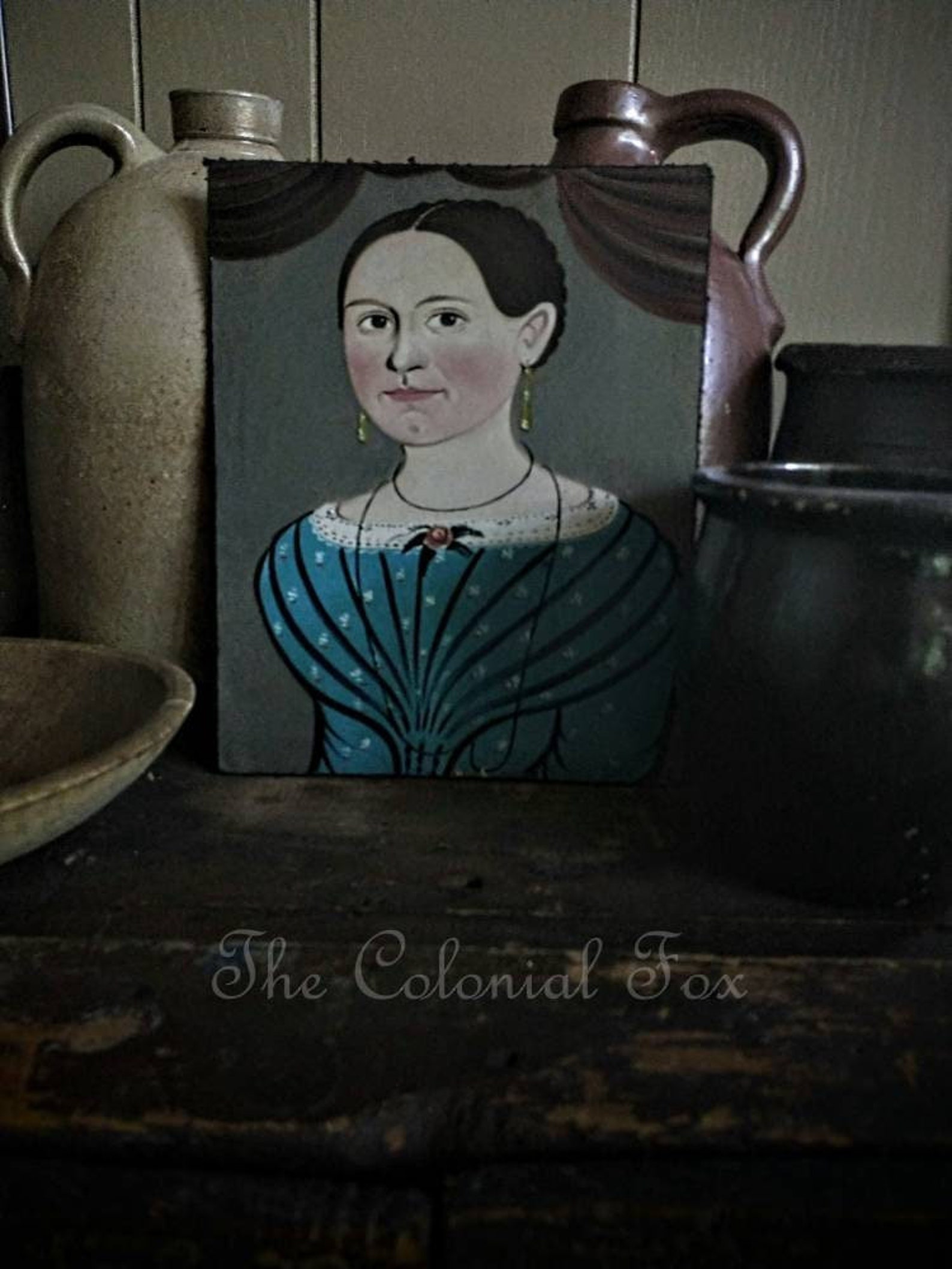 WOMAN IN BLUE Colonial Portrait Primitive Portrait Folk Art Portrait ...