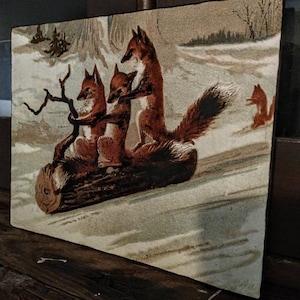 Sledding Foxes 8x10 Canvas Primitive Christmas Antique Reproduction ...