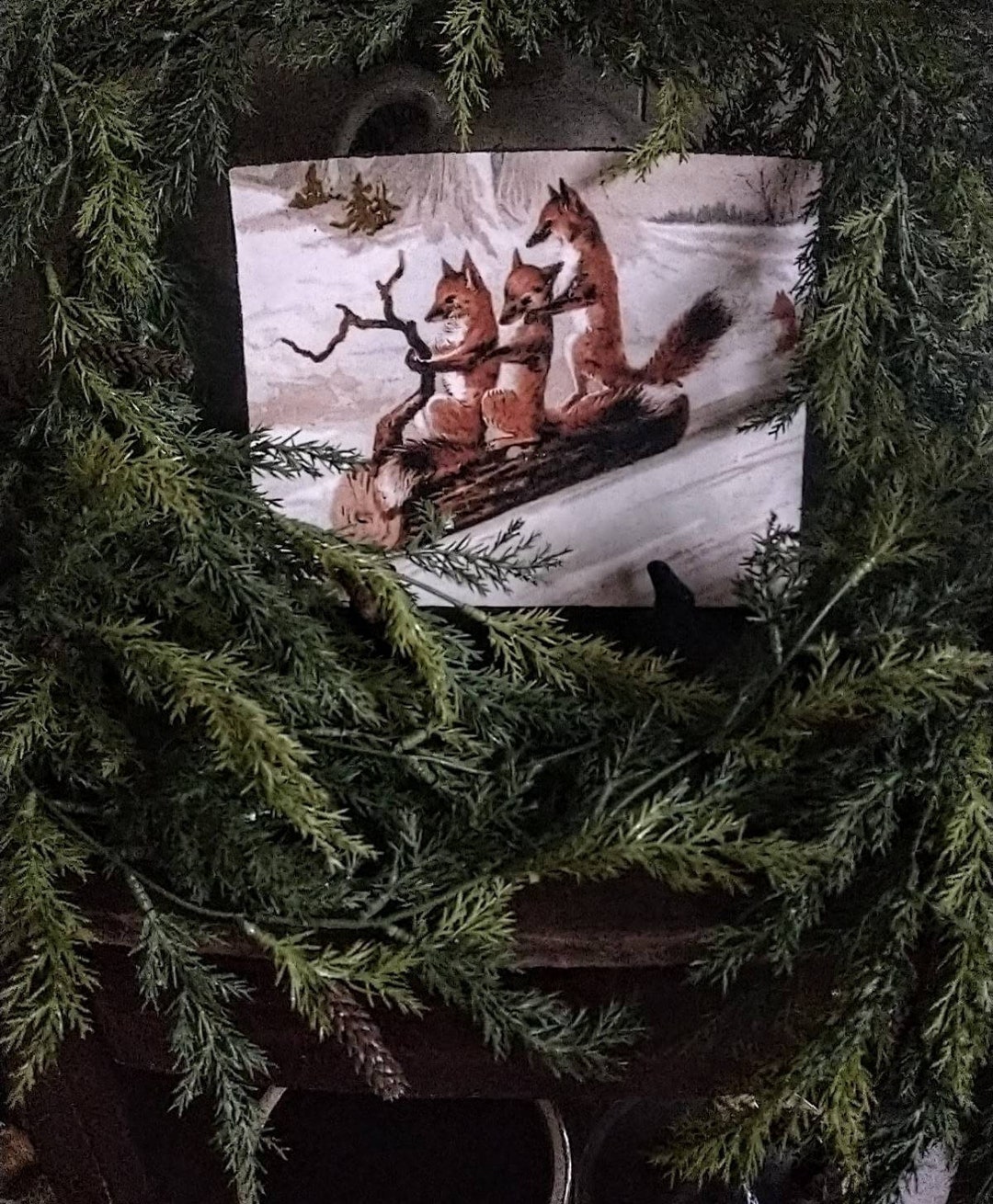 Sledding Foxes 8x10 Canvas Primitive Christmas Antique Reproduction ...
