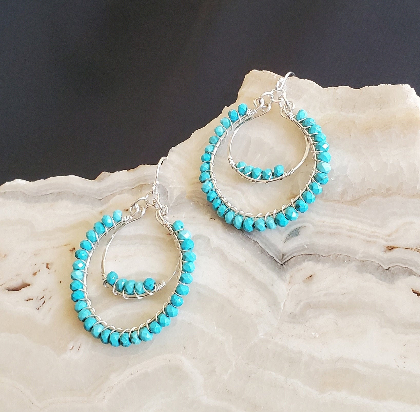 Turquoise Hoop Earrings, Hoop Earrings, Sterling Silver, Gemstone ...