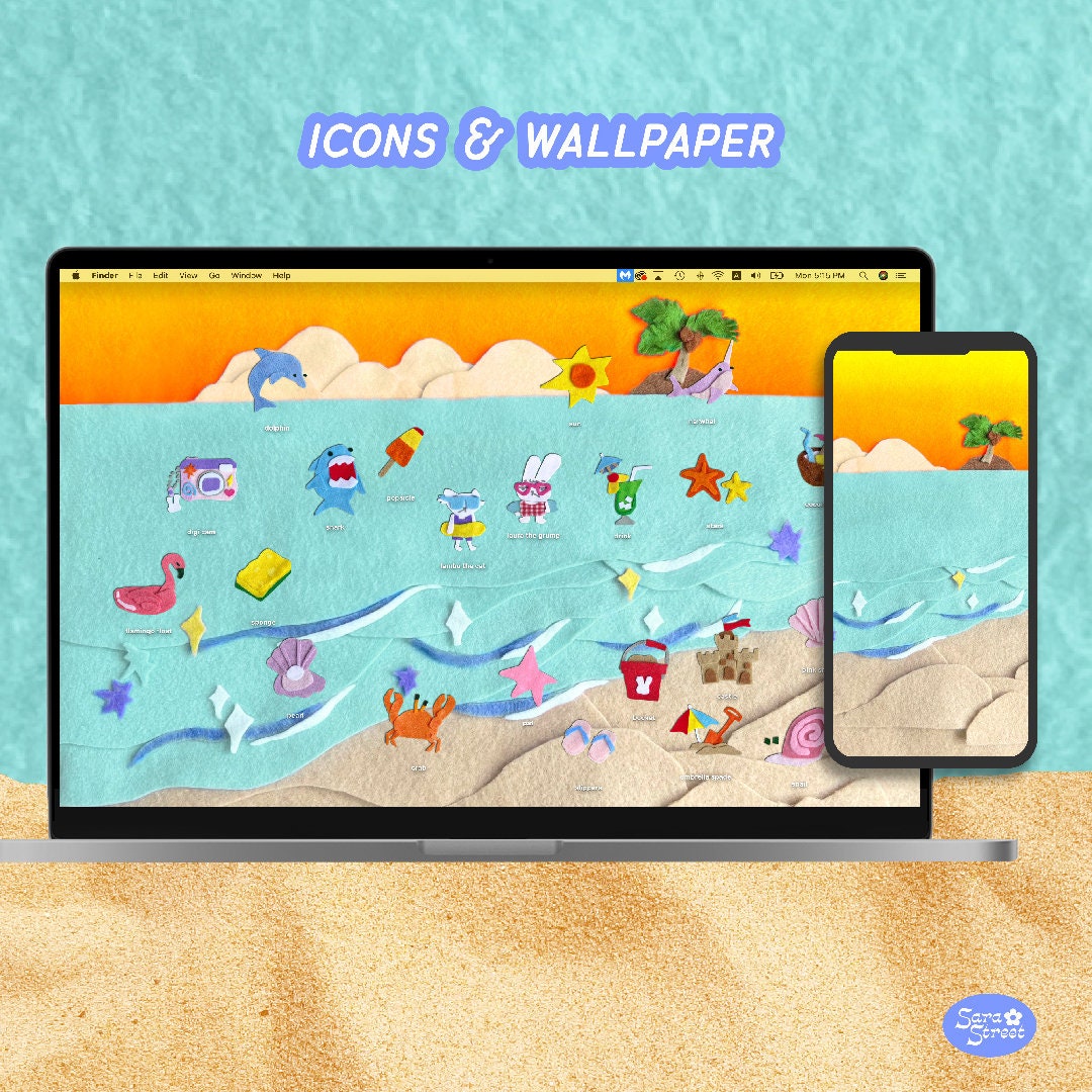 Cute Summer Sunset Handmade Felt Desktop Icons Wallpaper Set, Beach ...