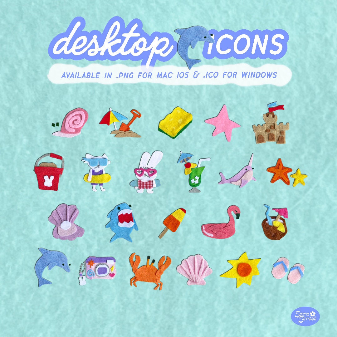 Cute Summer Sunset Handmade Felt Desktop Icons Wallpaper Set, Beach ...