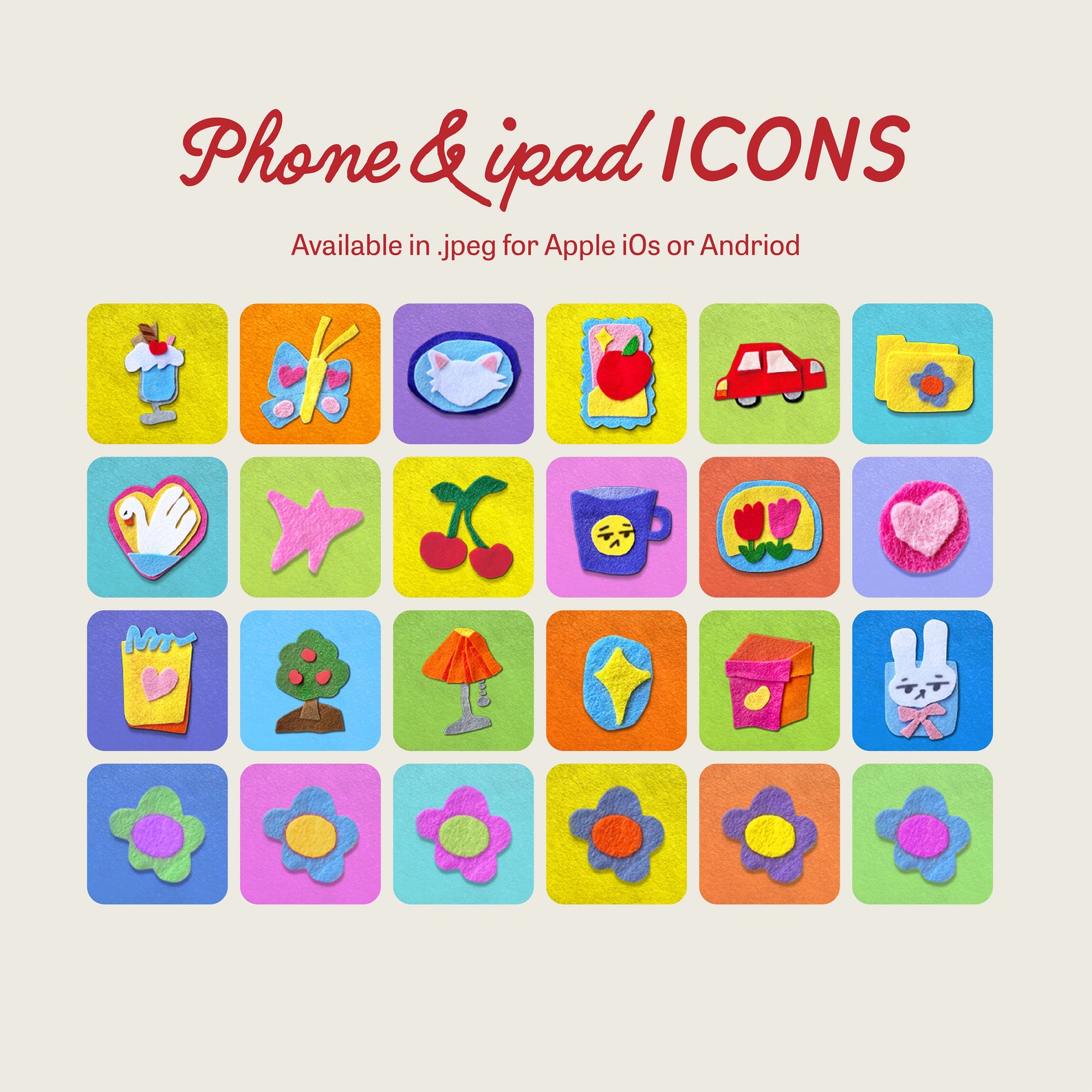 Cute Handmade Felt Phone, iPad Icons Wallpaper Widget Set, Phone Theme ...