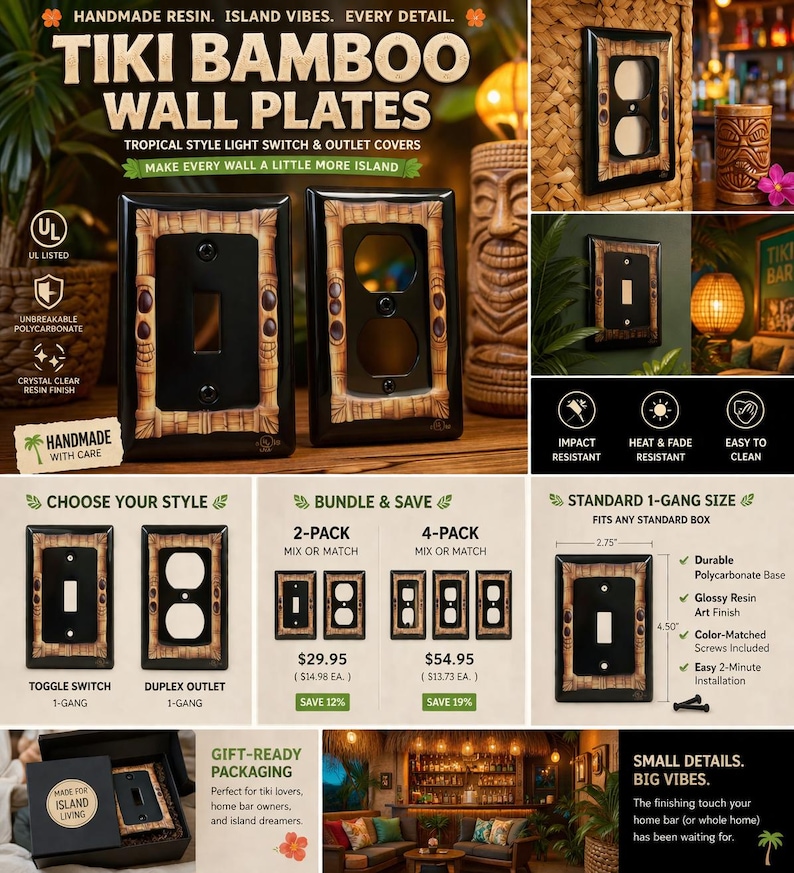 Handmade Tiki Bamboo Resin Wall Plates – Tropical Style Switch Outlet ...